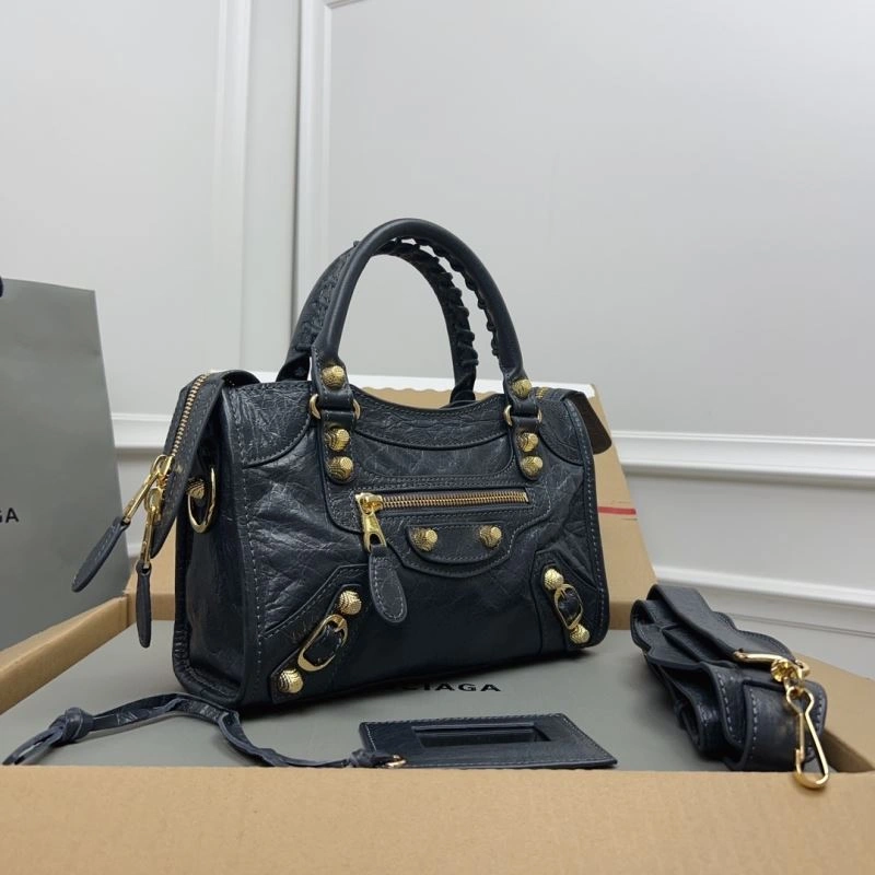 Balenciaga  Exclusive Deep Gray Cracked Lambskin Mini City Bag with Gold Accents