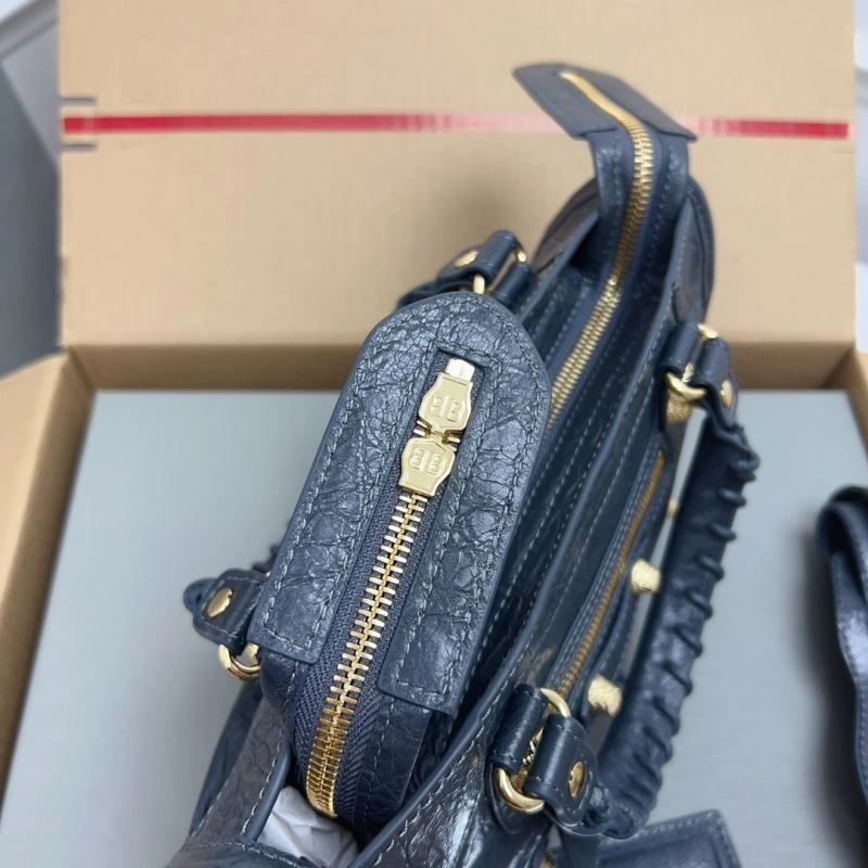 Cut-rate Balenciaga  Exclusive Deep Gray Cracked Lambskin Mini City Bag with Gold Accents