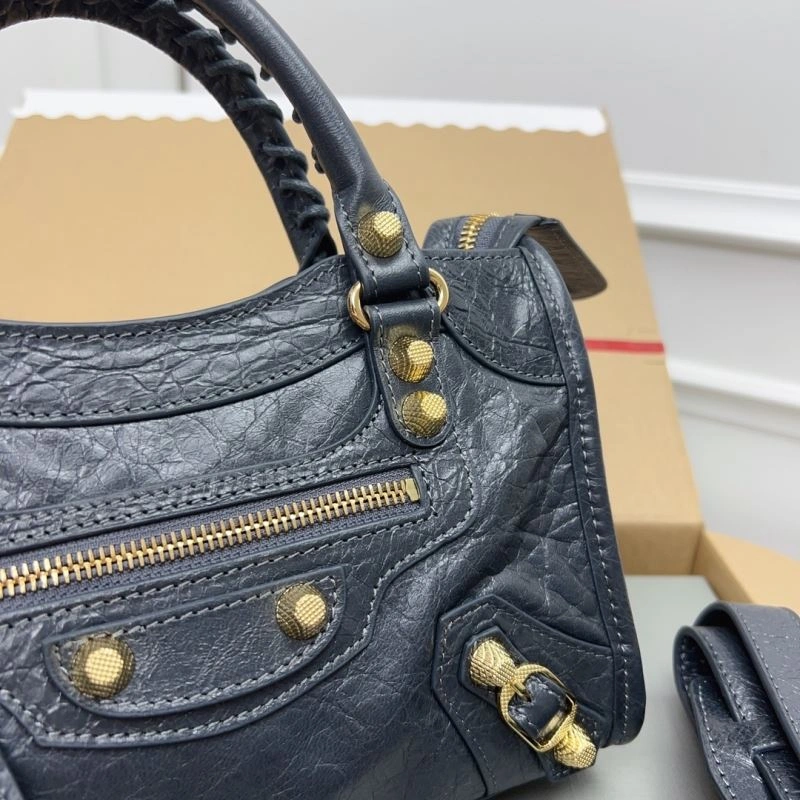 Cut-rate Balenciaga  Exclusive Deep Gray Cracked Lambskin Mini City Bag with Gold Accents