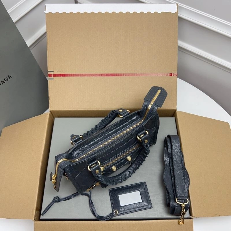 Cut-rate Balenciaga  Exclusive Deep Gray Cracked Lambskin Mini City Bag with Gold Accents
