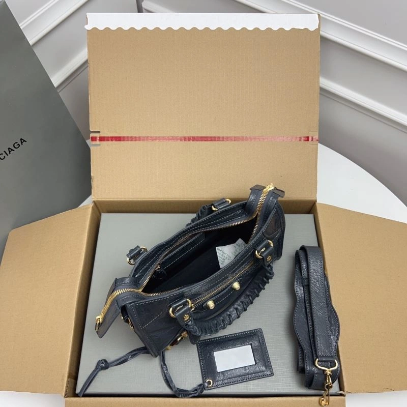 Cut-rate Balenciaga  Exclusive Deep Gray Cracked Lambskin Mini City Bag with Gold Accents