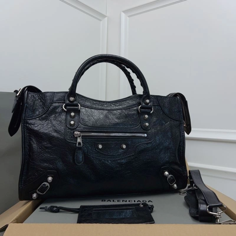 Balenciaga  Luxury Cracked Lambskin Black Tote with Pineapple Silver Studs