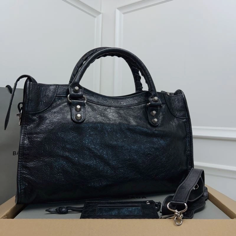 Affordable Balenciaga  Luxury Cracked Lambskin Black Tote with Pineapple Silver Studs
