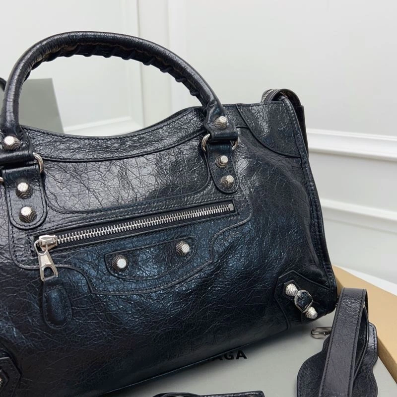 Affordable Balenciaga  Luxury Cracked Lambskin Black Tote with Pineapple Silver Studs