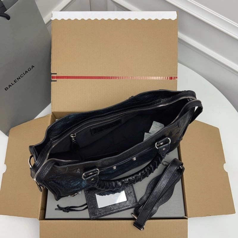 Affordable Balenciaga  Luxury Cracked Lambskin Black Tote with Pineapple Silver Studs