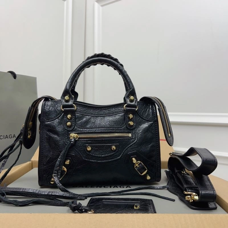 Balenciaga  Luxury Cracked Lambskin Mini City Bag with Gold Studs