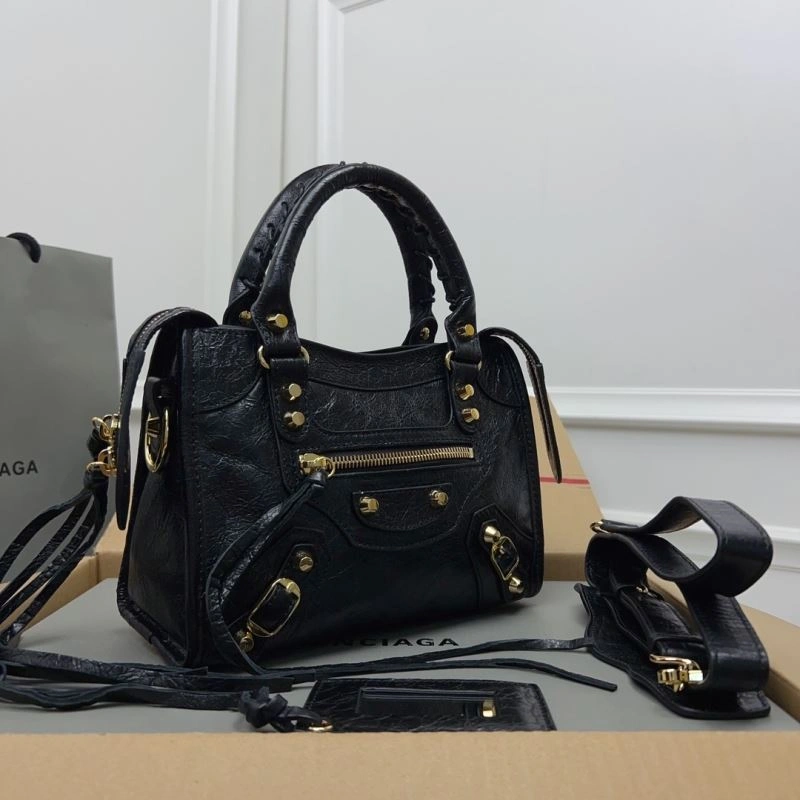 Mirror quality Balenciaga  Luxury Cracked Lambskin Mini City Bag with Gold Studs