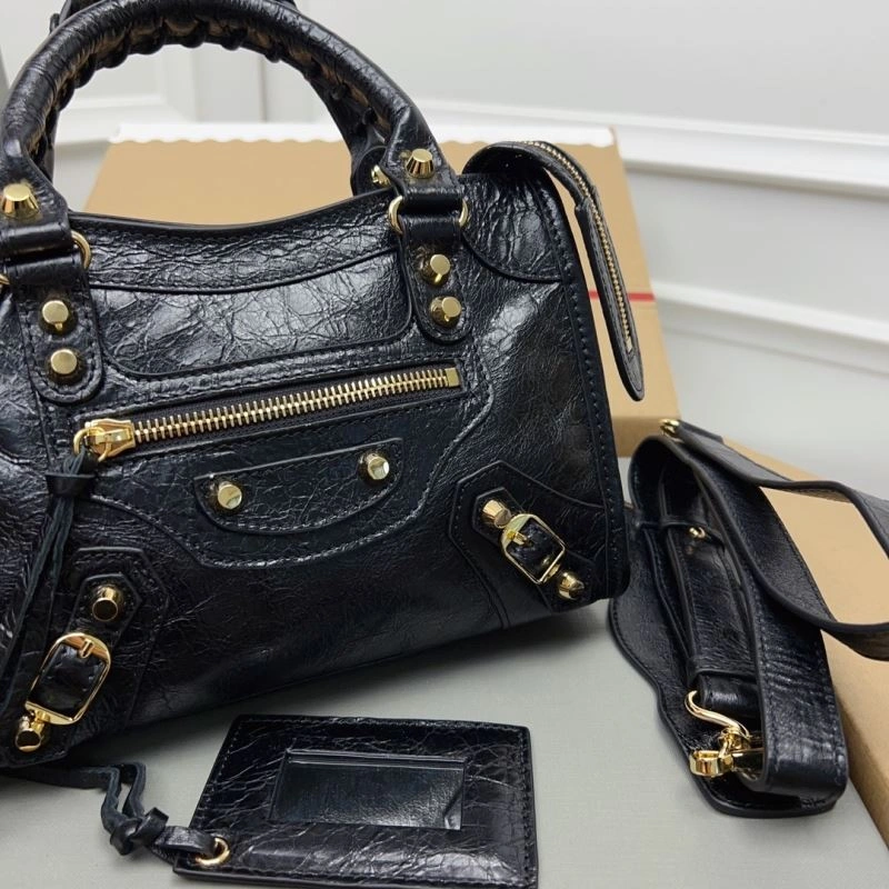 Mirror quality Balenciaga  Luxury Cracked Lambskin Mini City Bag with Gold Studs