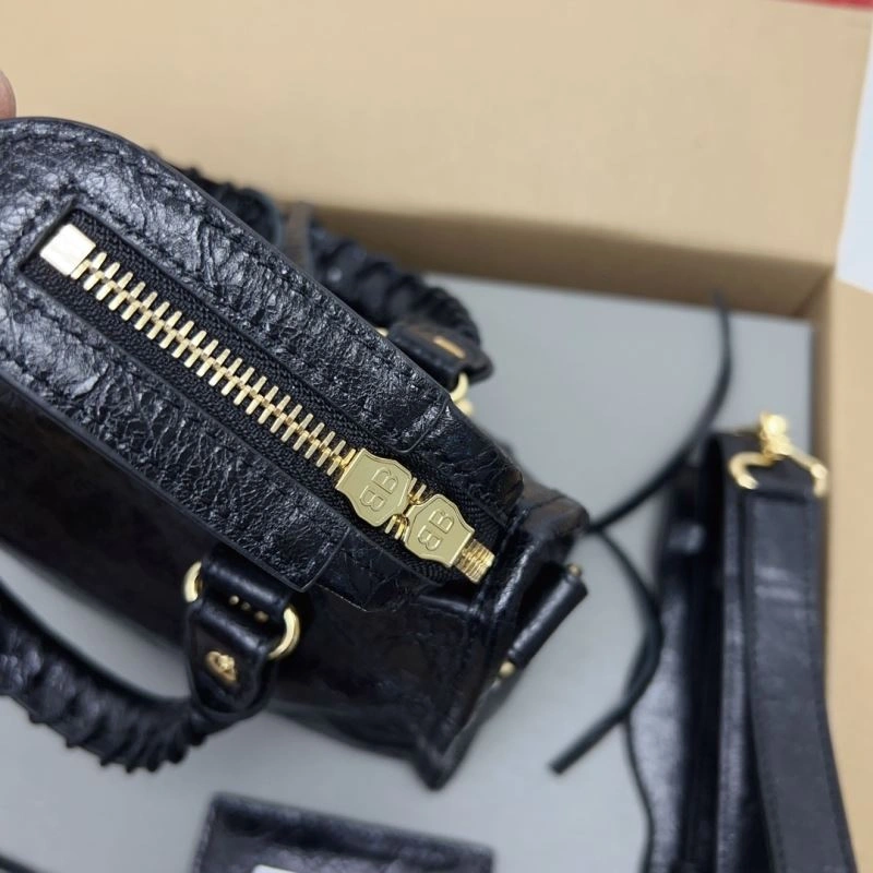 Mirror quality Balenciaga  Luxury Cracked Lambskin Mini City Bag with Gold Studs