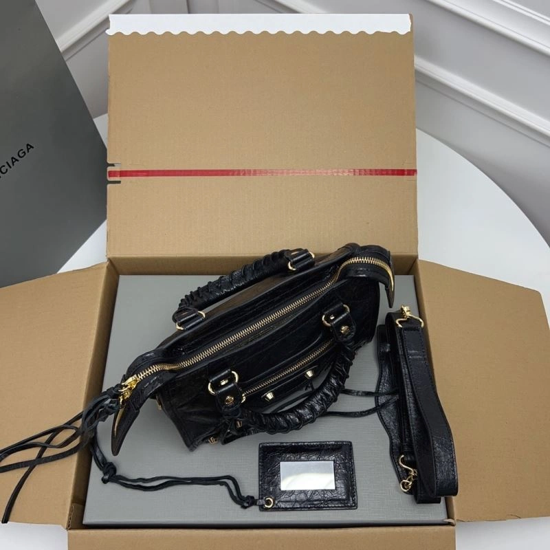 Mirror quality Balenciaga  Luxury Cracked Lambskin Mini City Bag with Gold Studs
