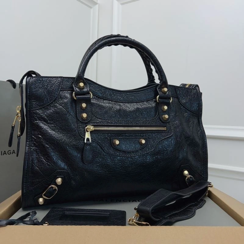 Balenciaga  Premium Cracked Lambskin Black Tote with Pineapple Gold Studs