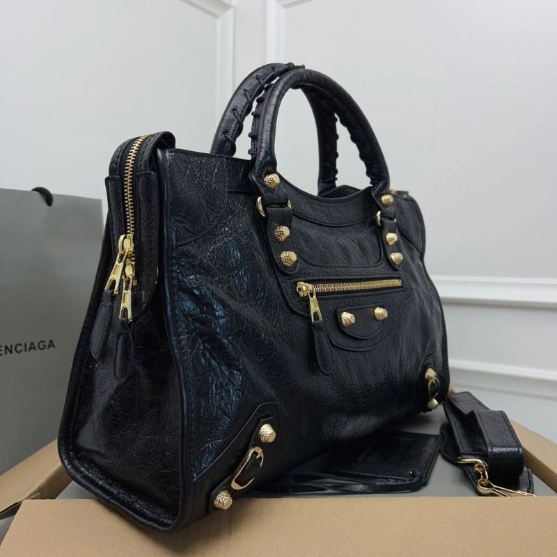 Original Balenciaga  Premium Cracked Lambskin Black Tote with Pineapple Gold Studs