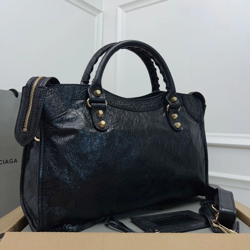 Original Balenciaga  Premium Cracked Lambskin Black Tote with Pineapple Gold Studs