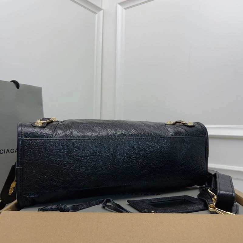 Original Balenciaga  Premium Cracked Lambskin Black Tote with Pineapple Gold Studs