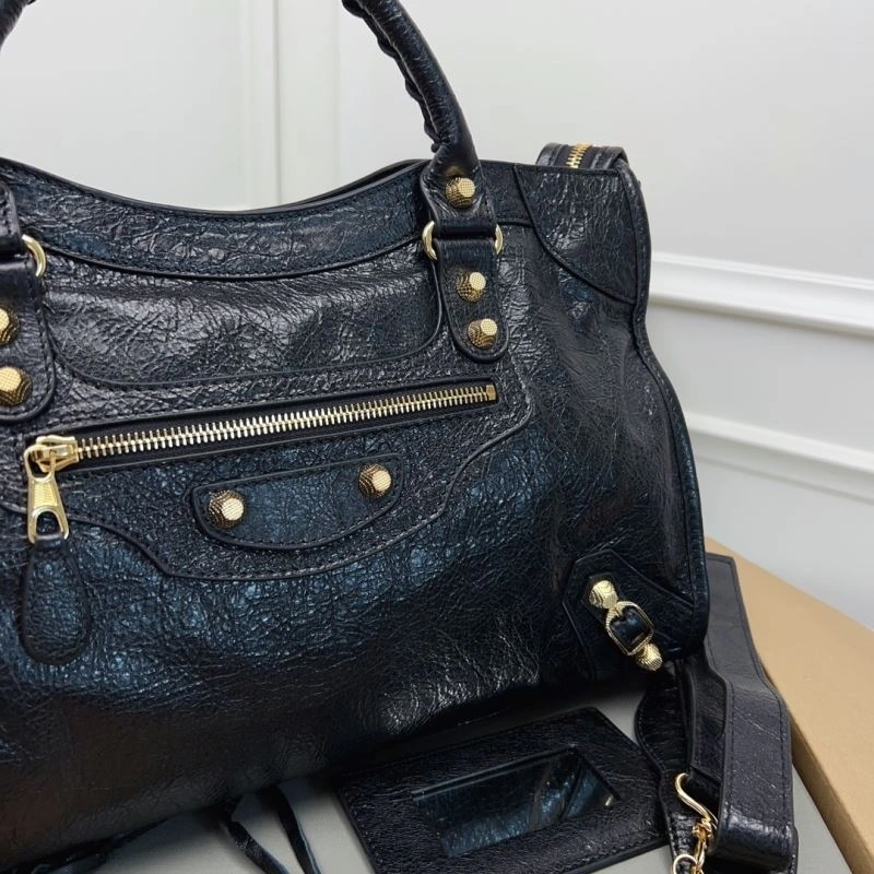Original Balenciaga  Premium Cracked Lambskin Black Tote with Pineapple Gold Studs