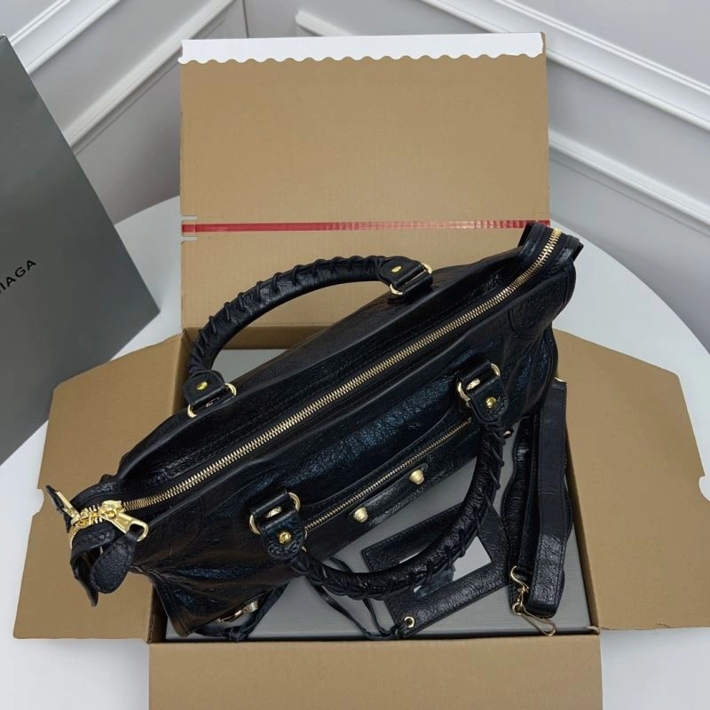 Original Balenciaga  Premium Cracked Lambskin Black Tote with Pineapple Gold Studs