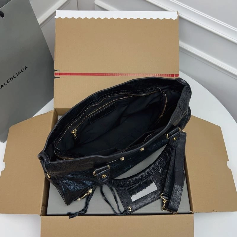 Original Balenciaga  Premium Cracked Lambskin Black Tote with Pineapple Gold Studs