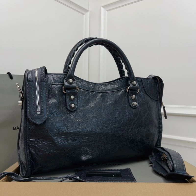 Brand-authenticated Balenciaga  Premium Cracked Lambskin Tote with Pineapple Silver Stud