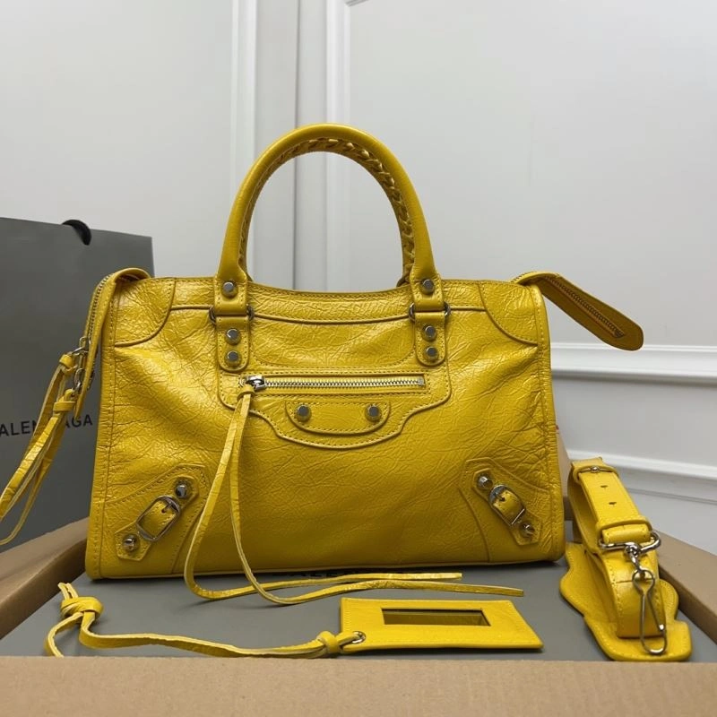 Balenciaga  Yellow Crackle Lambskin Classic Gold City Bag - D.Pink