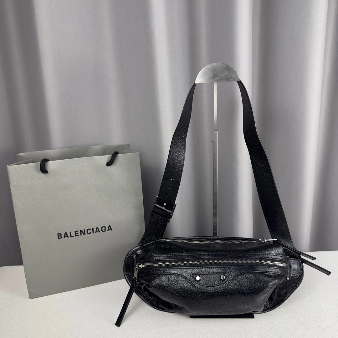 Balenciaga Black Cracked Lambskin Motorcycle Chest Bag