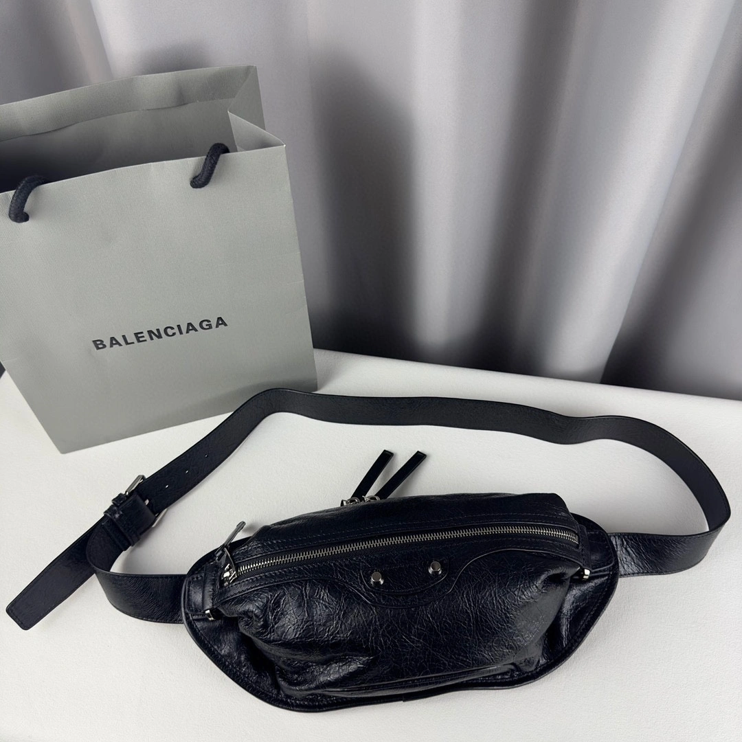 Economical Balenciaga Black Cracked Lambskin Motorcycle Chest Bag