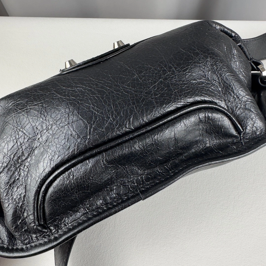 Economical Balenciaga Black Cracked Lambskin Motorcycle Chest Bag
