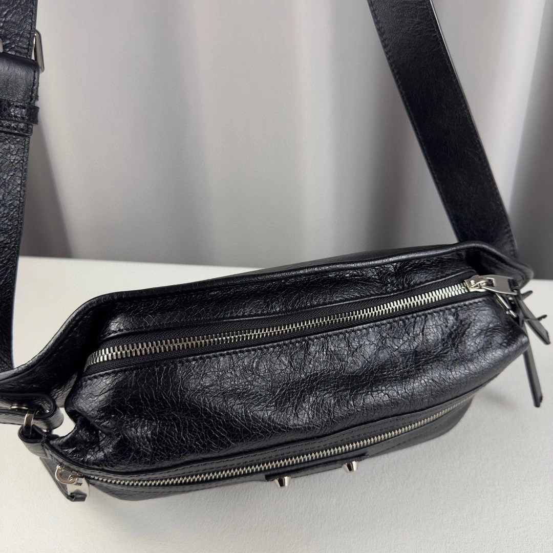 Economical Balenciaga Black Cracked Lambskin Motorcycle Chest Bag