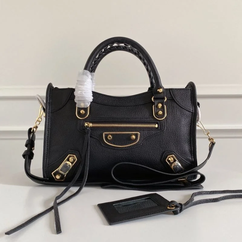 Balenciaga Black Goat Leather Motorcycle Bag with Gold Studs