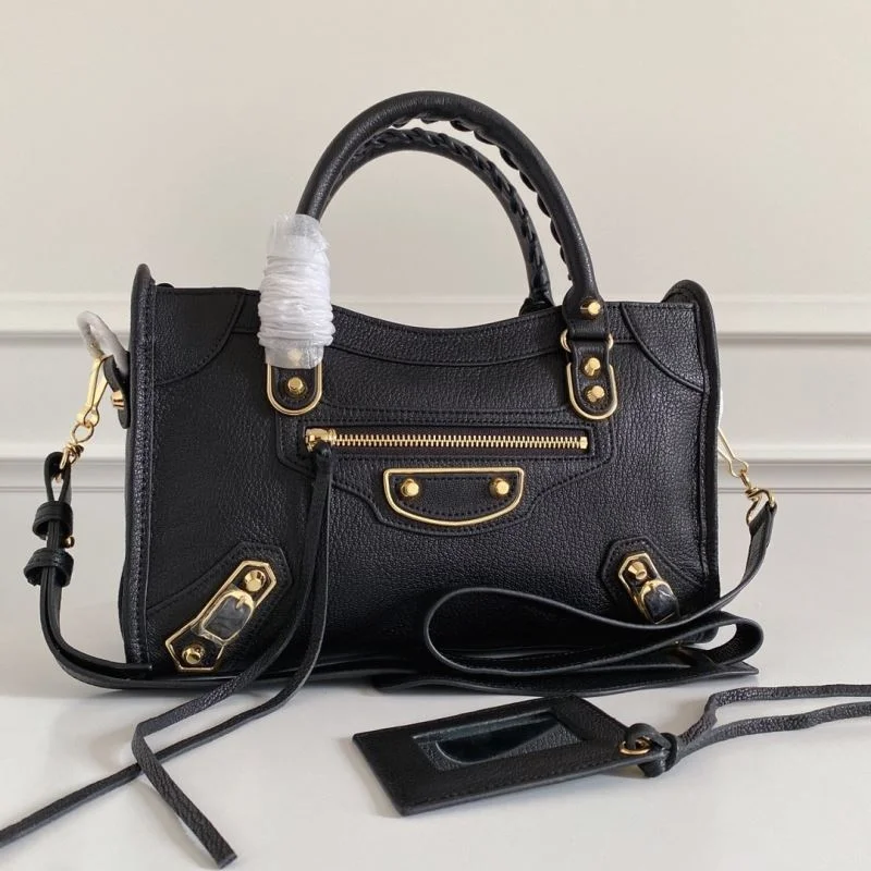 High fidelity Balenciaga Black Goat Leather Motorcycle Bag with Gold Studs