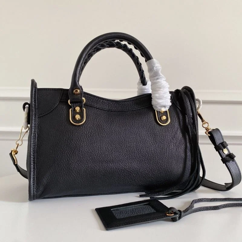 High fidelity Balenciaga Black Goat Leather Motorcycle Bag with Gold Studs
