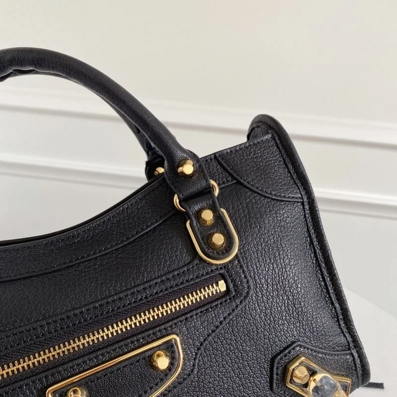 High fidelity Balenciaga Black Goat Leather Motorcycle Bag with Gold Studs