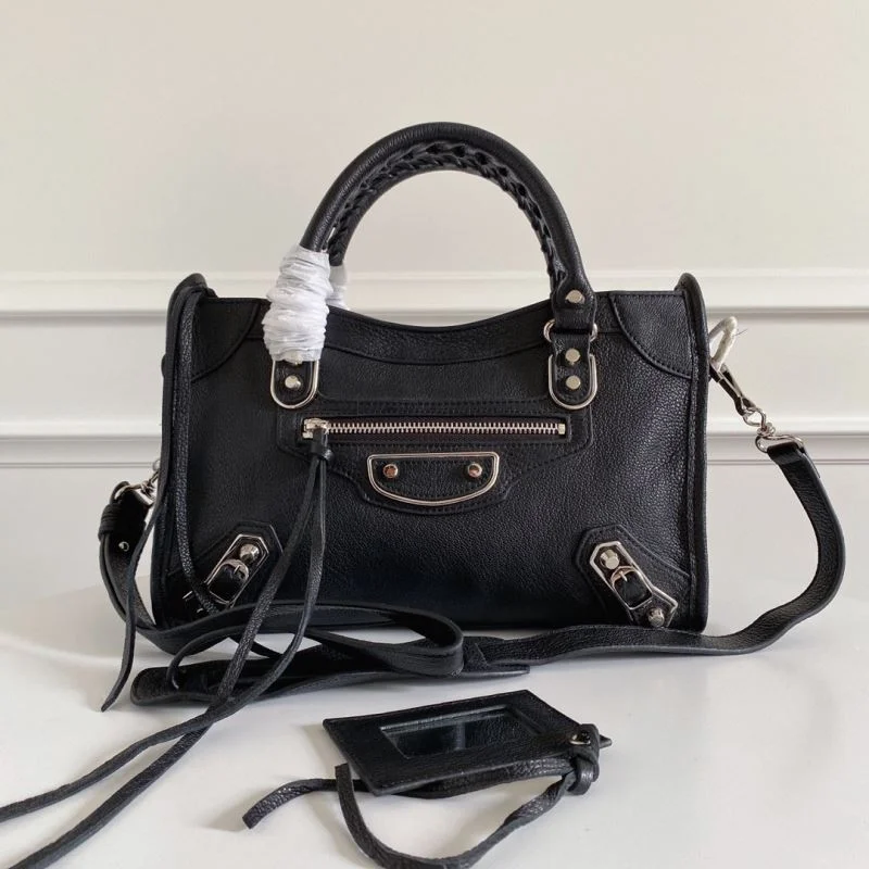 Balenciaga Black Goat Leather Motorcycle Bag with Silver Studs