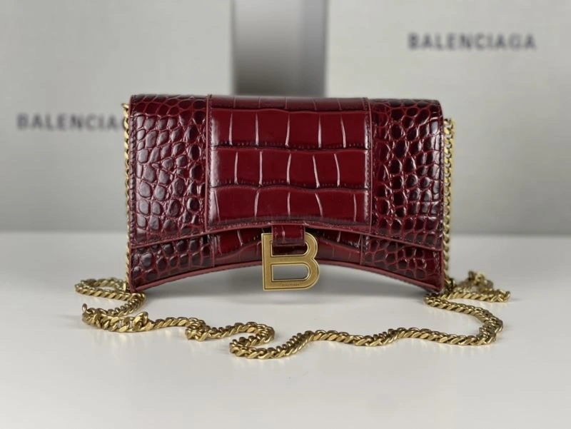 Balenciaga Burgundy Crocodile Hourglass Bag with Gold Buckle