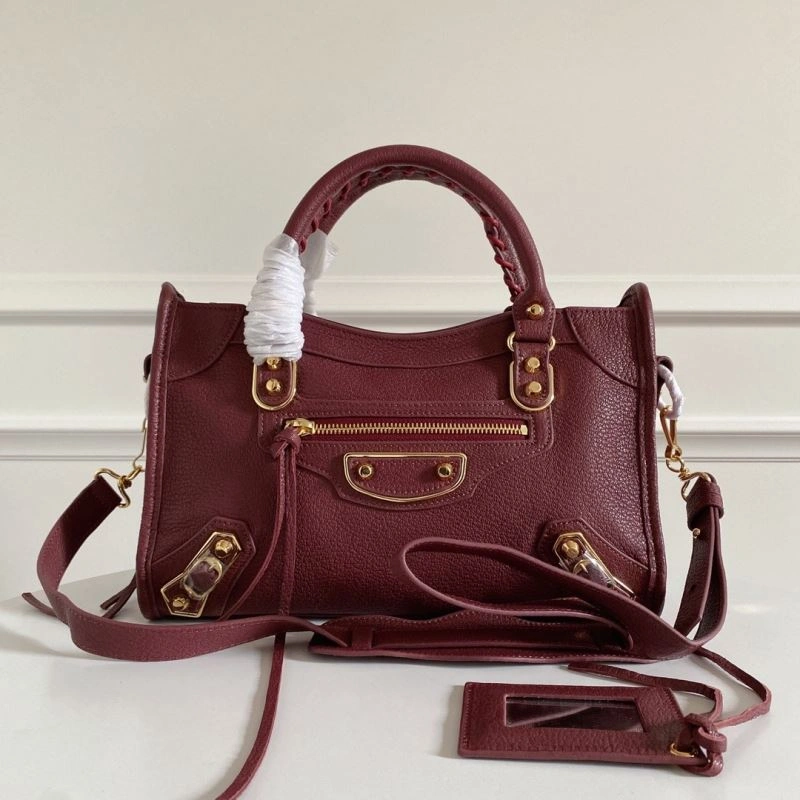 Balenciaga Burgundy Goat Leather Motorcycle Bag with Gold Studs - 30cm