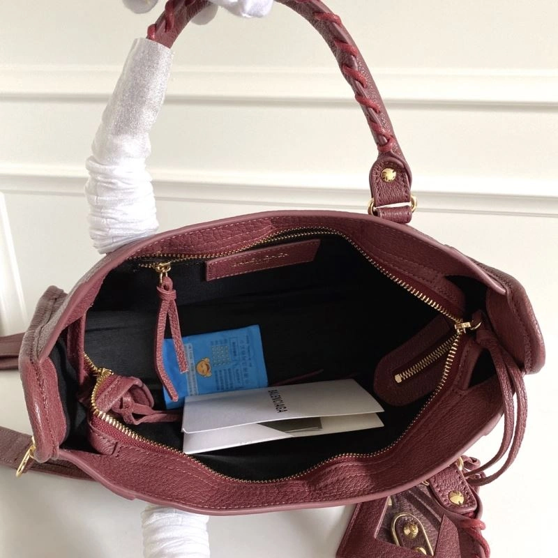 Bargain Balenciaga Burgundy Goat Leather Motorcycle Bag with Gold Studs - 30cm