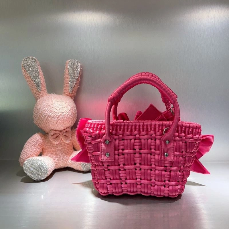 Balenciaga Charming Rose Pink Bow Basket Bag with Braided Satin Strap