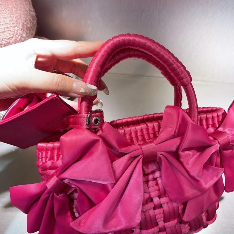 Economical Balenciaga Charming Rose Pink Bow Basket Bag with Braided Satin Strap