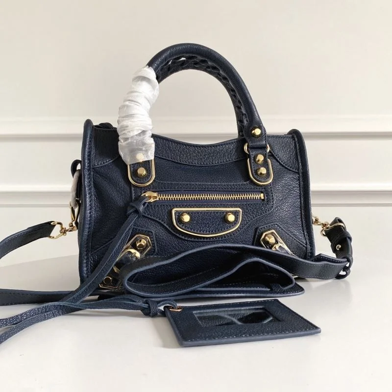 1:1 copy Balenciaga Cobalt Blue Goat Leather Motorcycle Bag with Gold Buckle