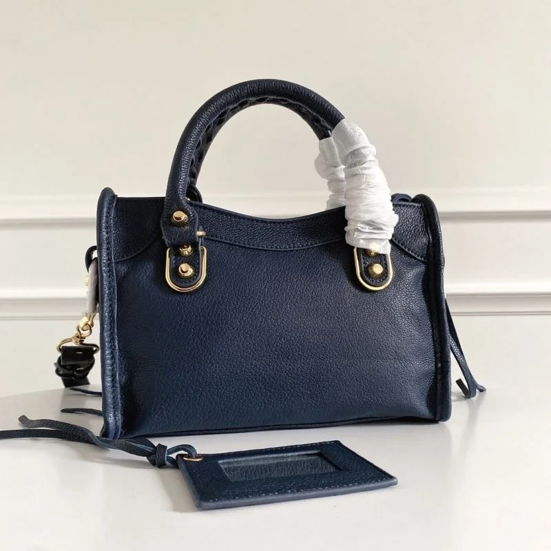 1:1 copy Balenciaga Cobalt Blue Goat Leather Motorcycle Bag with Gold Buckle