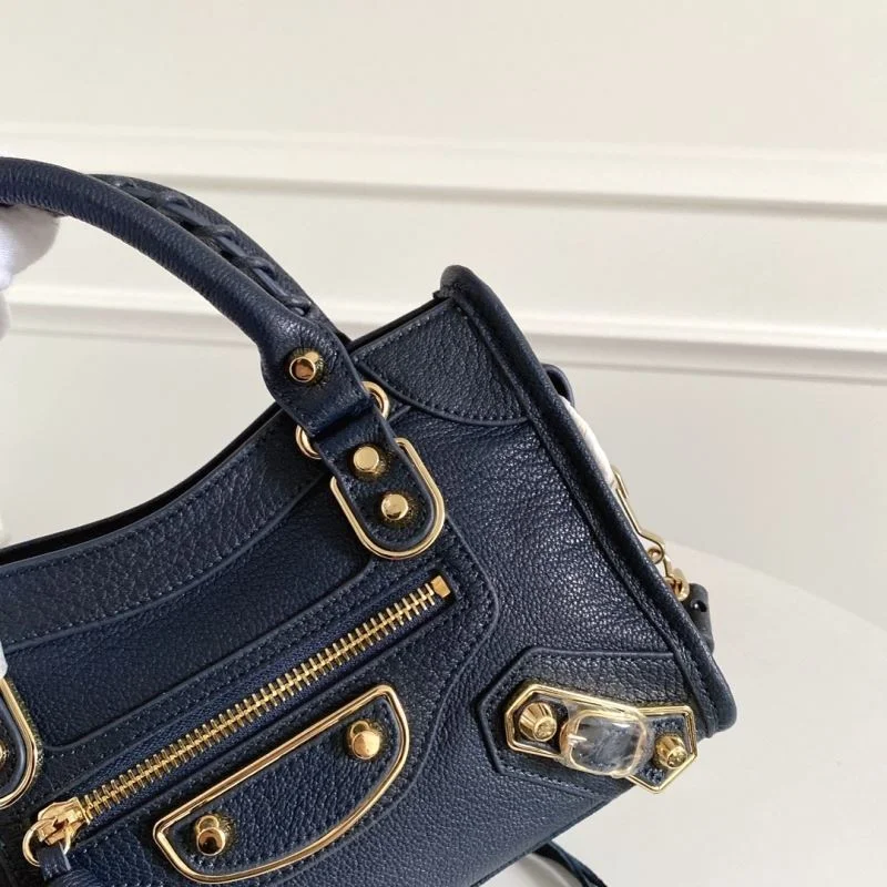 1:1 copy Balenciaga Cobalt Blue Goat Leather Motorcycle Bag with Gold Buckle