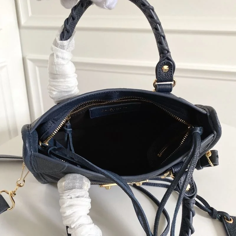 1:1 copy Balenciaga Cobalt Blue Goat Leather Motorcycle Bag with Gold Buckle