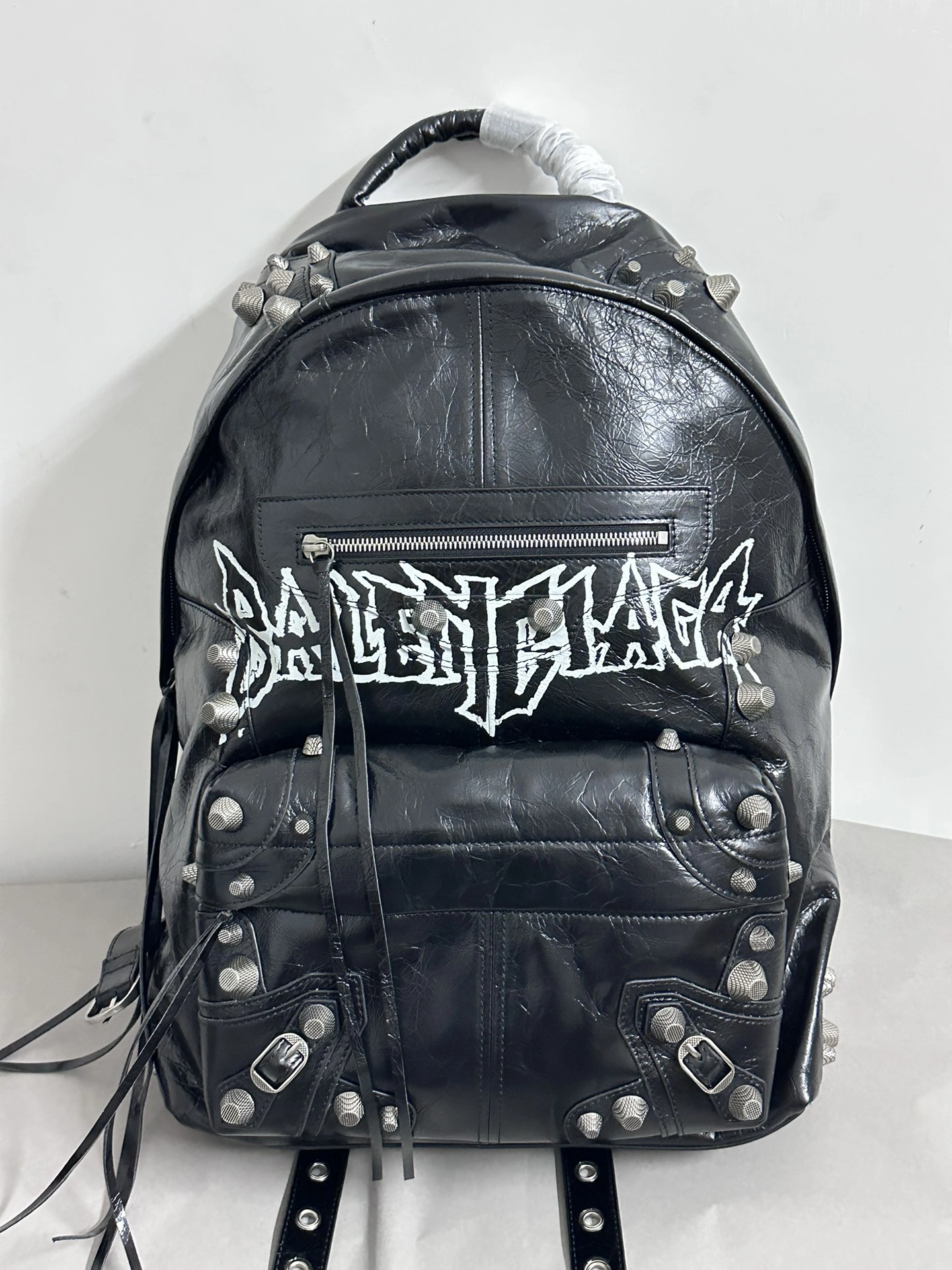 Balenciaga Cool Cagole Studded Graffiti Backpack in Cracked Lambskin
