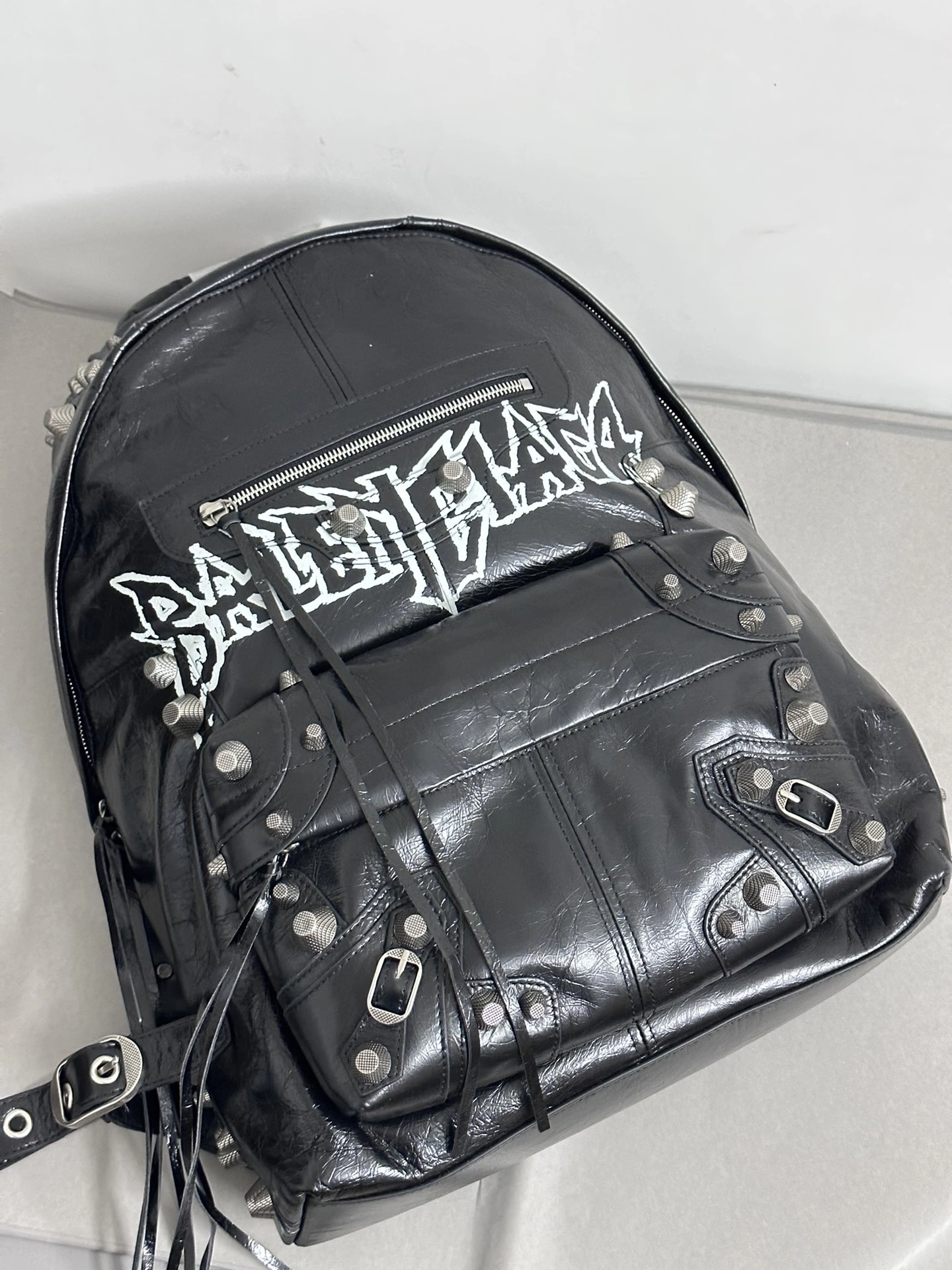 Cut-rate Balenciaga Cool Cagole Studded Graffiti Backpack in Cracked Lambskin