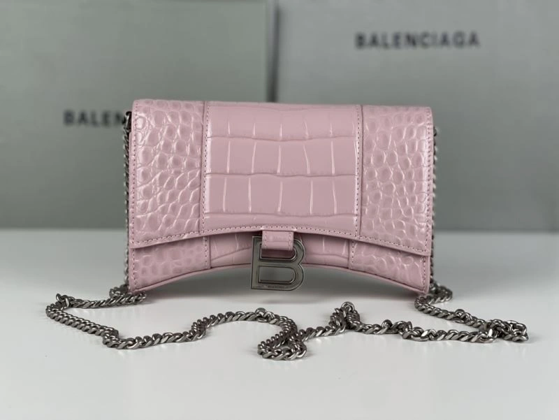 Balenciaga Crocodile Bean Paste Pink Hourglass Chain Bag with Silver Buckle
