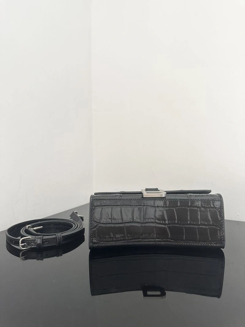 Authentic Balenciaga Crocodile-Pattern Hourglass Bag - XS Black Leather