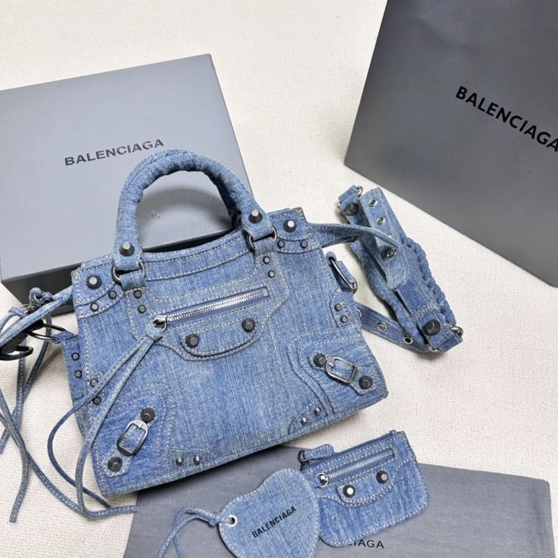 Balenciaga Denim Blue Cagole Motorcycle Bag with Rhinestones - XS Size