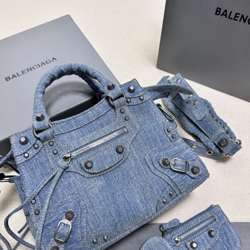 Factory-made Balenciaga Denim Blue Cagole Motorcycle Bag with Rhinestones - XS Size