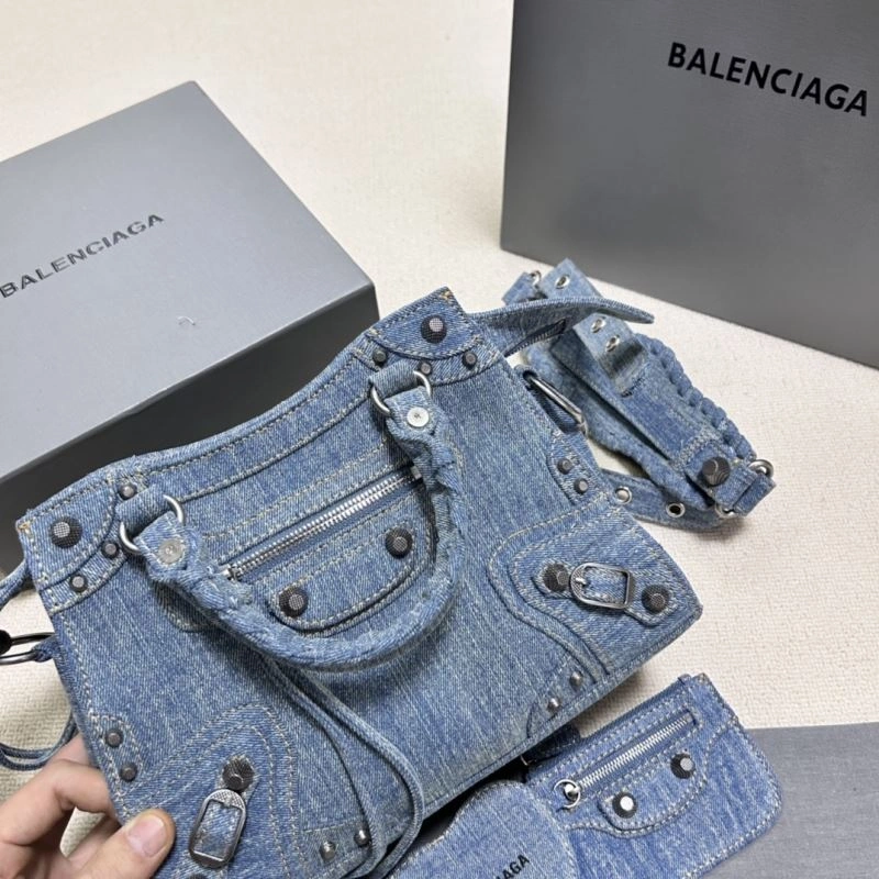 Factory-made Balenciaga Denim Blue Cagole Motorcycle Bag with Rhinestones - XS Size