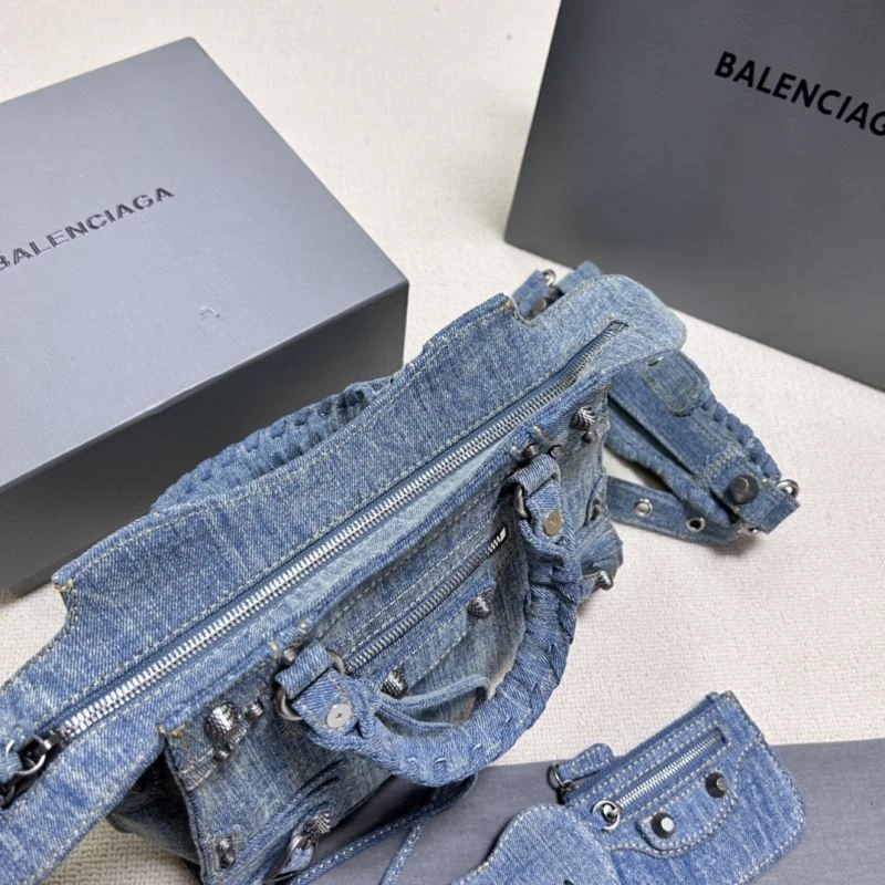 Factory-made Balenciaga Denim Blue Cagole Motorcycle Bag with Rhinestones - XS Size