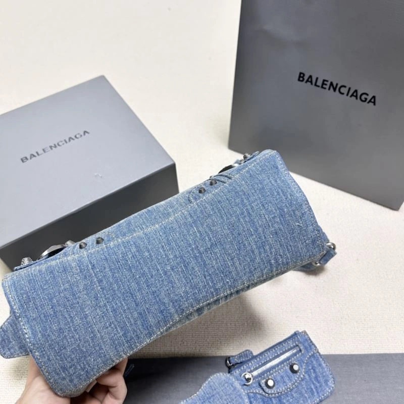 Factory-made Balenciaga Denim Blue Cagole Motorcycle Bag with Rhinestones - XS Size